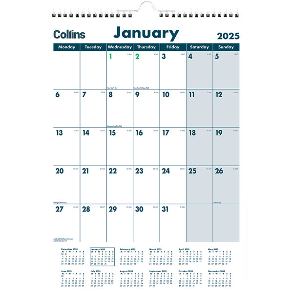 COLLINS CALENDAR WIRO MONTH TO VIEW LAMINATED A3 ODD YEAR Taupo Office ...